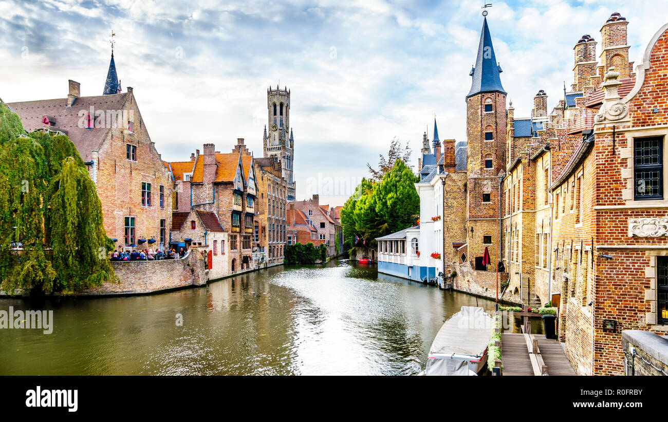 View of the historic buildings and the Belfort Tower from the Dijver ...