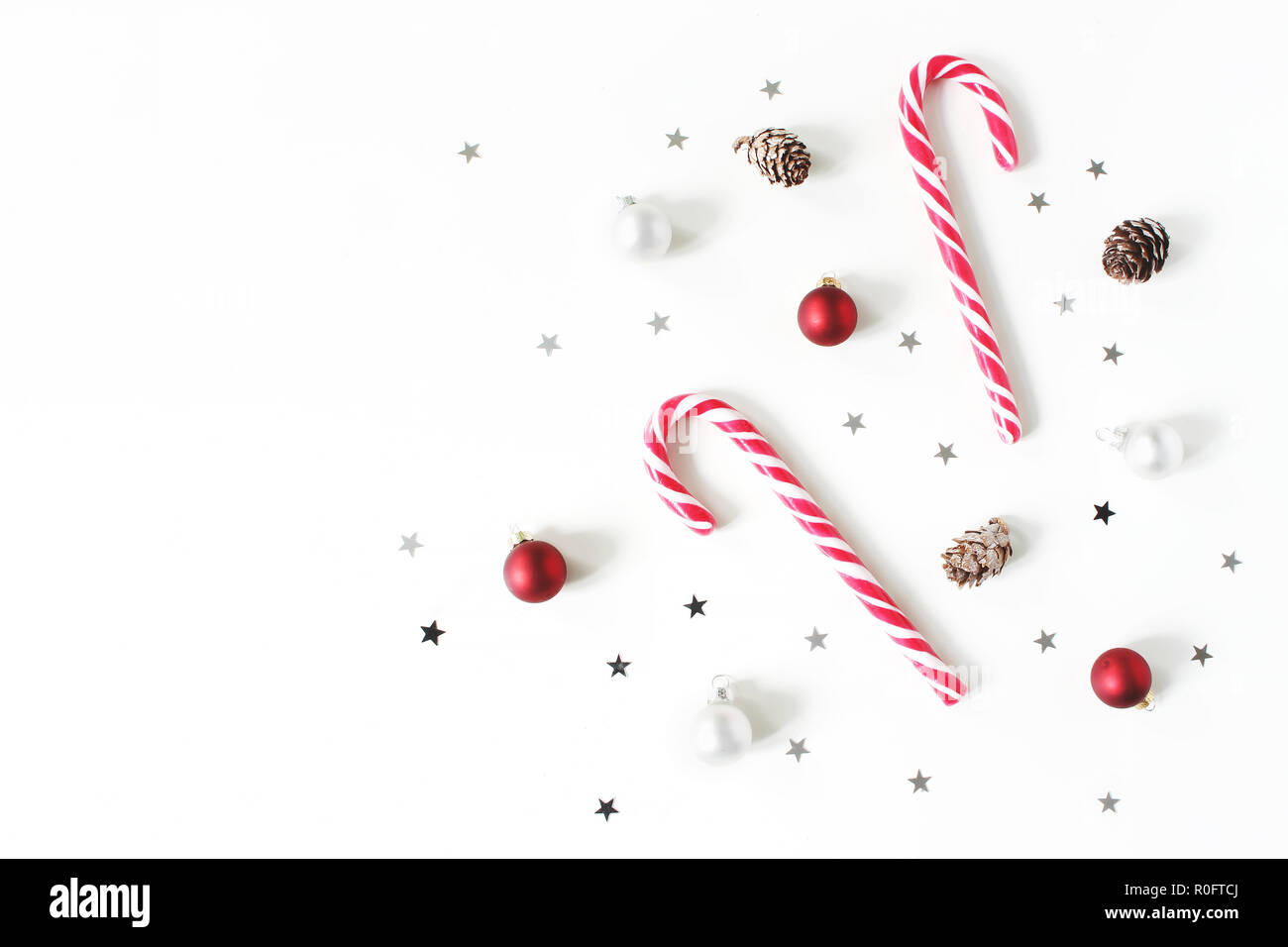 Christmas styled composition. Christmas red and white balls, baubles ...