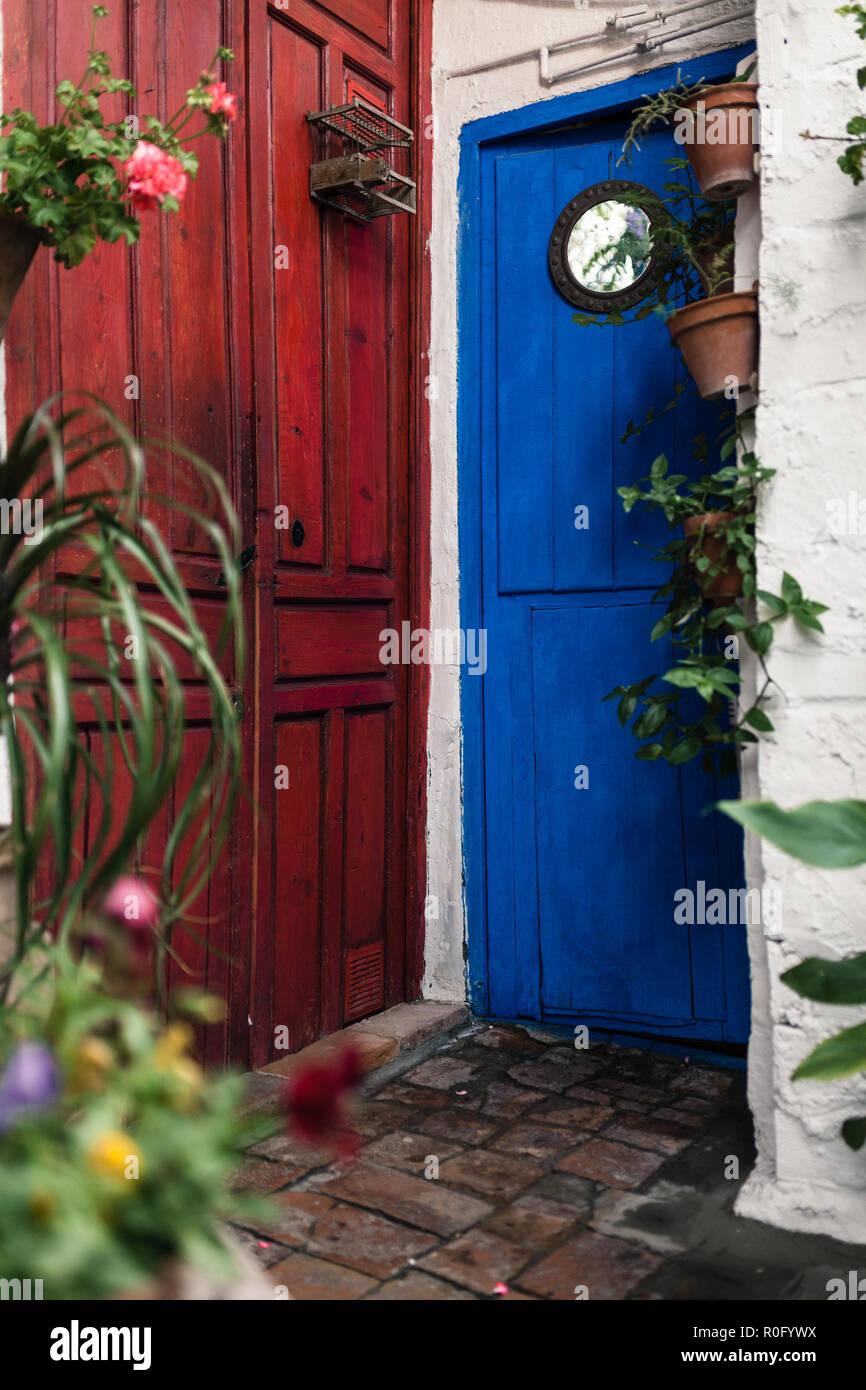 Typical andalusian courtyard in Cordoba, Andalusia Spain with blue ...