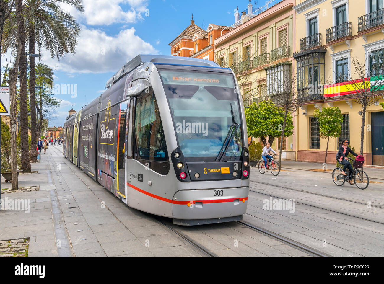 Tram on Calle San Fernando, Seville ( Sevilla ), Andalucia, Spain Stock ...