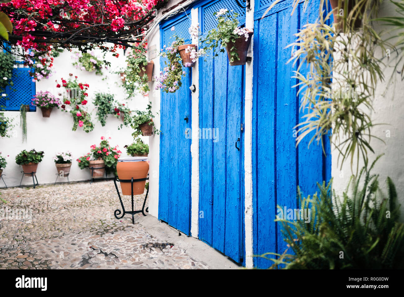 Typical andalusian courtyard in Cordoba, Andalusia Spain with blue ...