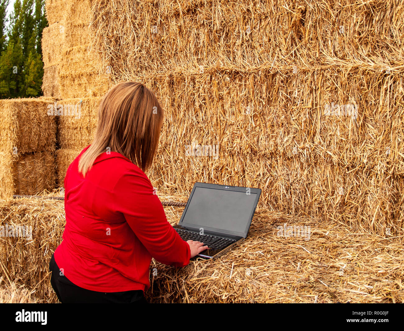 An entrepreneur young woman working outdoor on a farm with a laptop ...