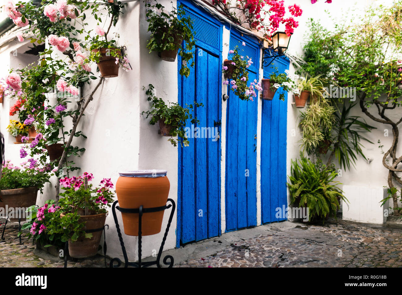 Typical andalusian courtyard in Cordoba, Andalusia Spain with blue ...