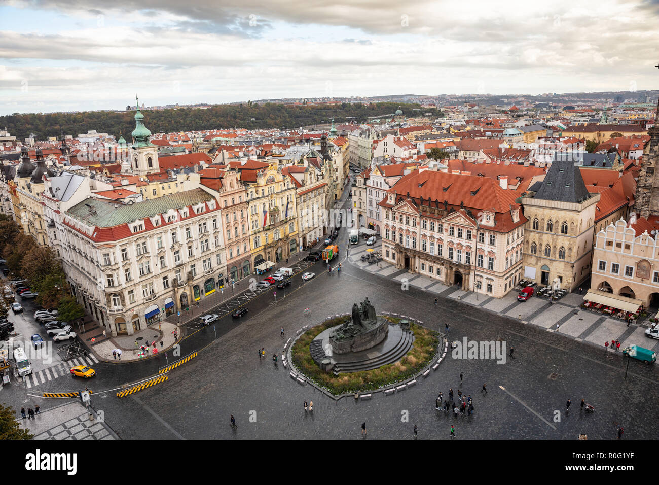 Prague aerial view of the old town square, Czech Republic, on a cloudy ...