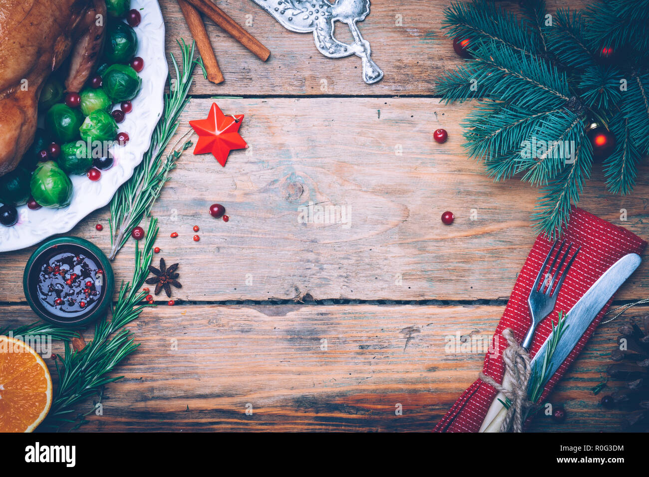 Empty place at the table with a festive christmas dinner. Christmas ...