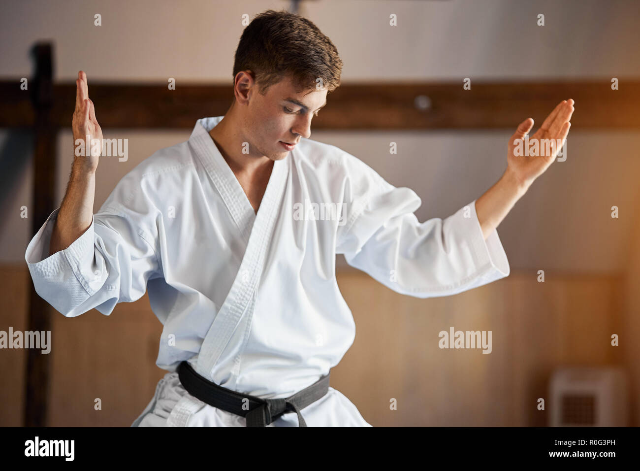 Karate Fighter practises fight in martial arts gym Stock Photo - Alamy