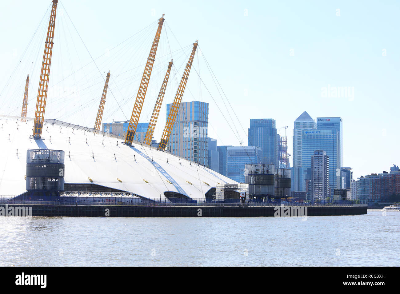 The O2 arena on the Greenwich Peninsular, with Canary Wharf on the Isle ...