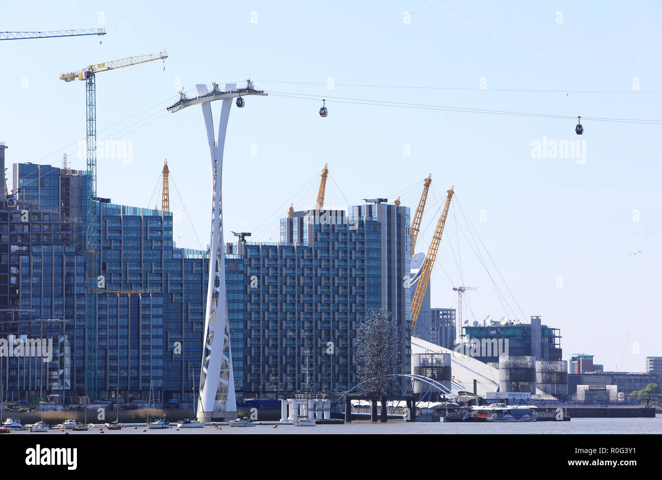 The Emirates Air Line, or Thames Cable Car at Greenwich, with the O2 ...