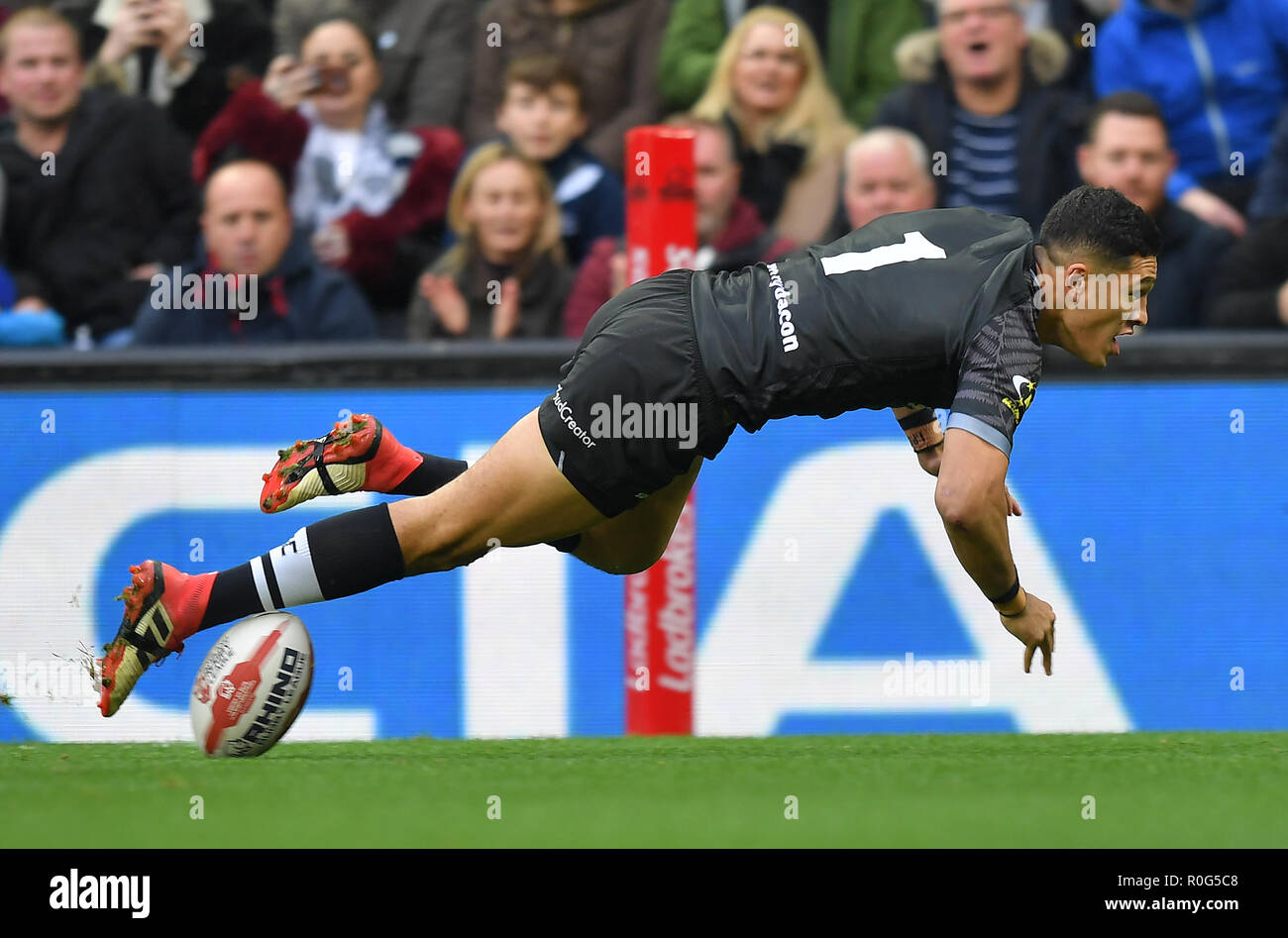 New Zealand's Dallin Watene-Zelezniak scores his sides first try during ...