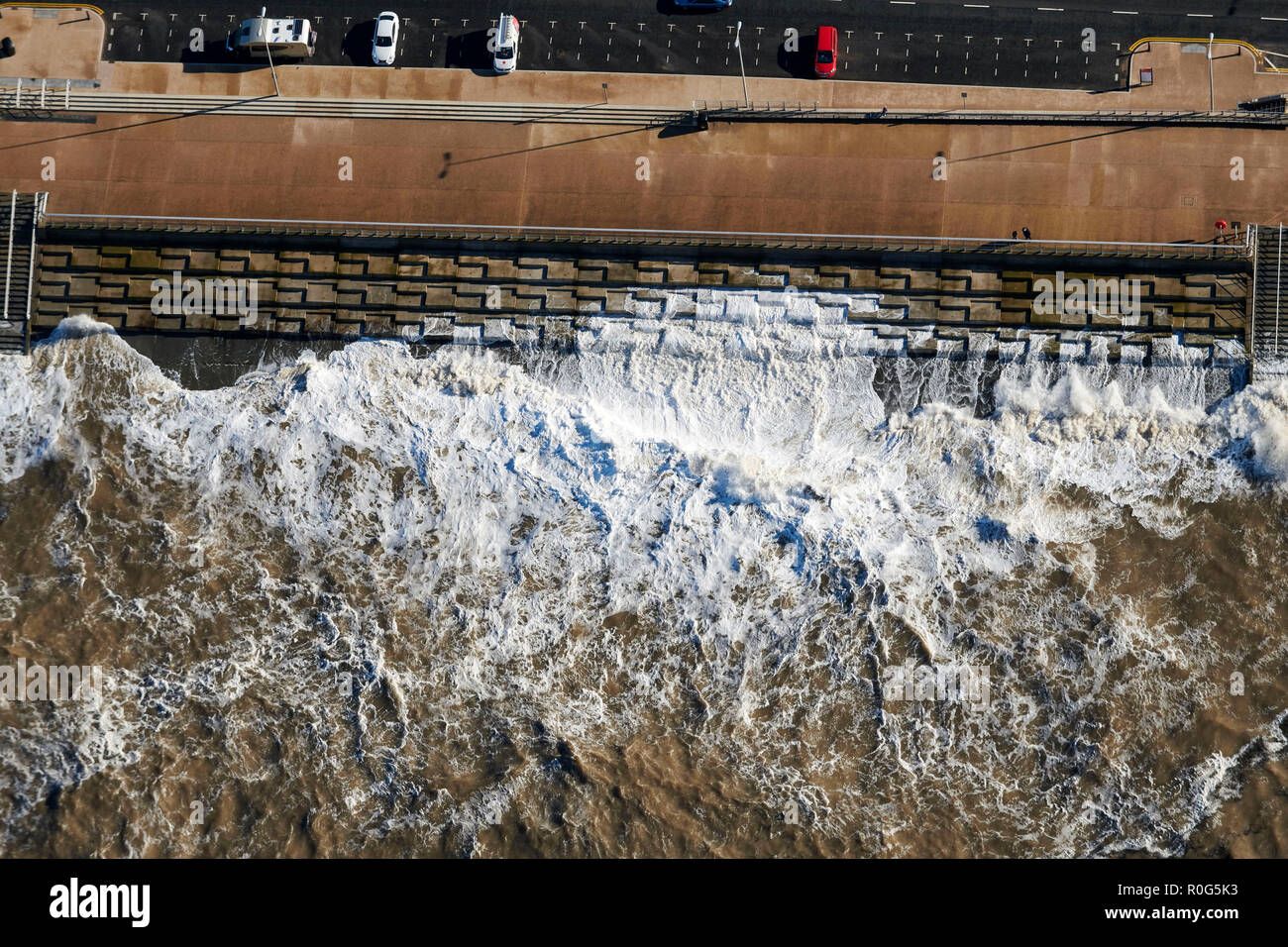 Stormy sea lashing at sea defences, Cleveleys, Blackpool, North West ...