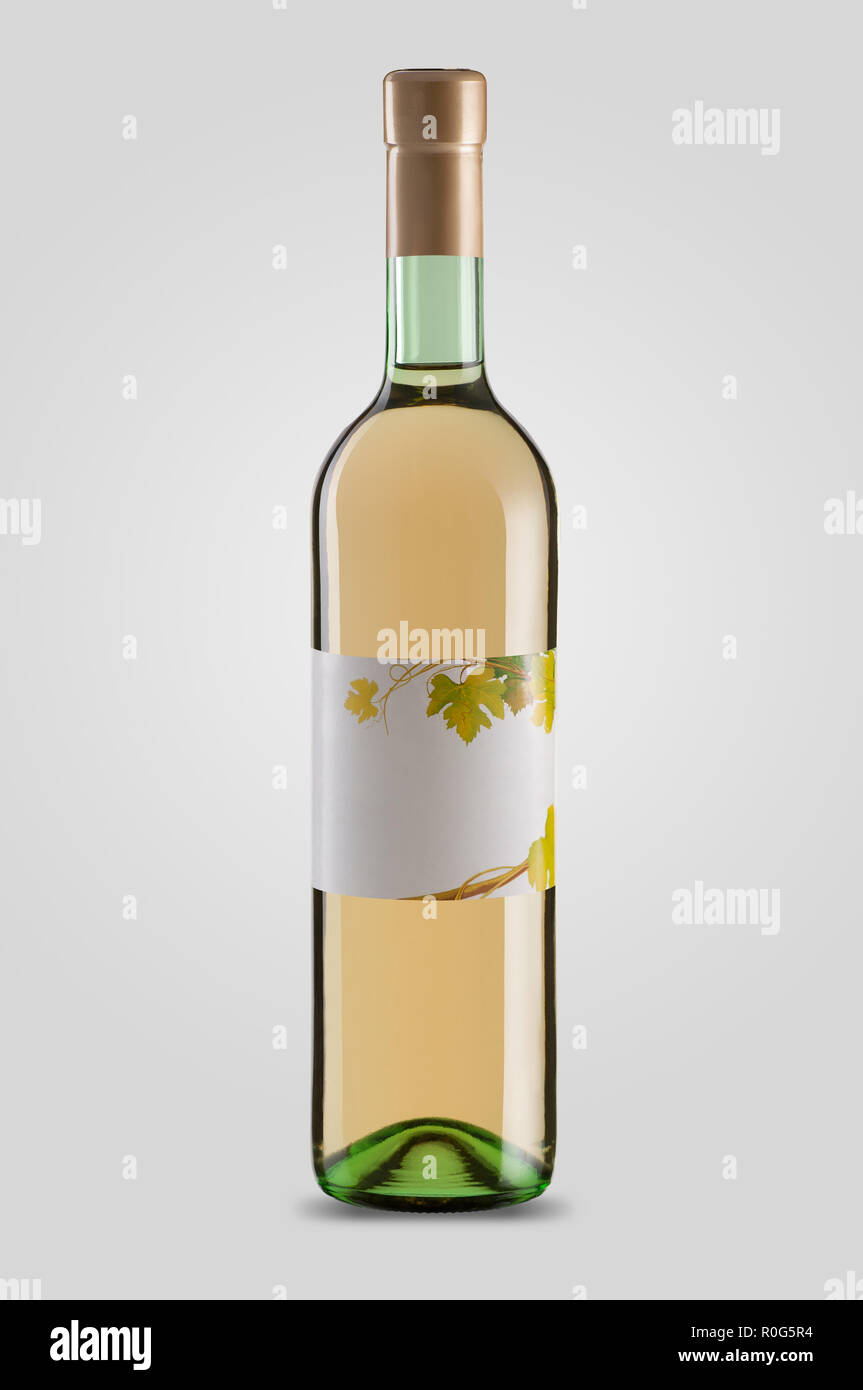 closed bottle of white wine with label on light background with shadow ...