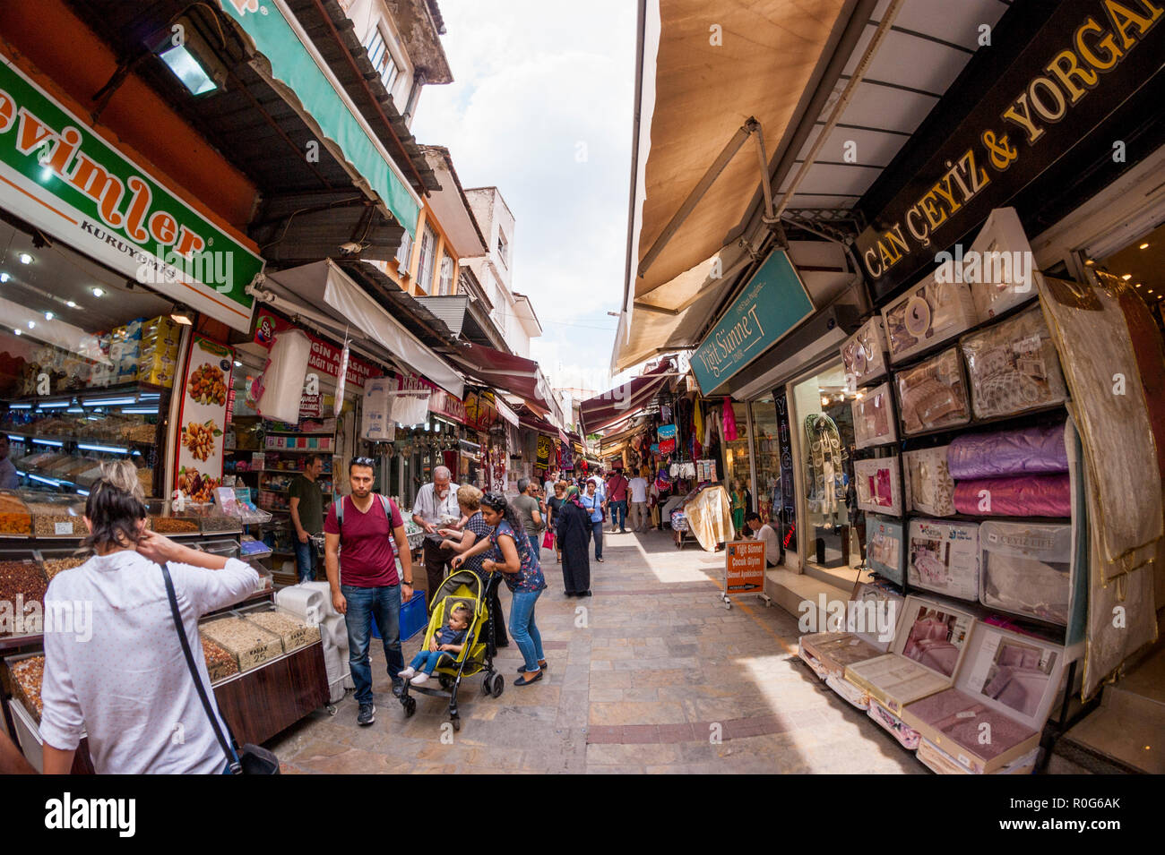 Izmir, Turkey - May 26, 2018. Kemeralti bazaar shoot with fisheye lens ...