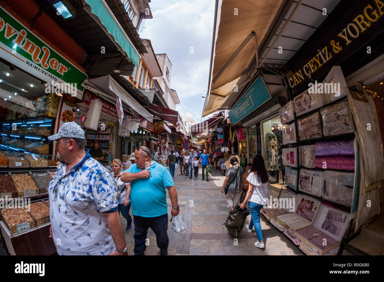 Izmir, Turkey - May 26, 2018. Kemeralti bazaar shoot with fisheye lens ...