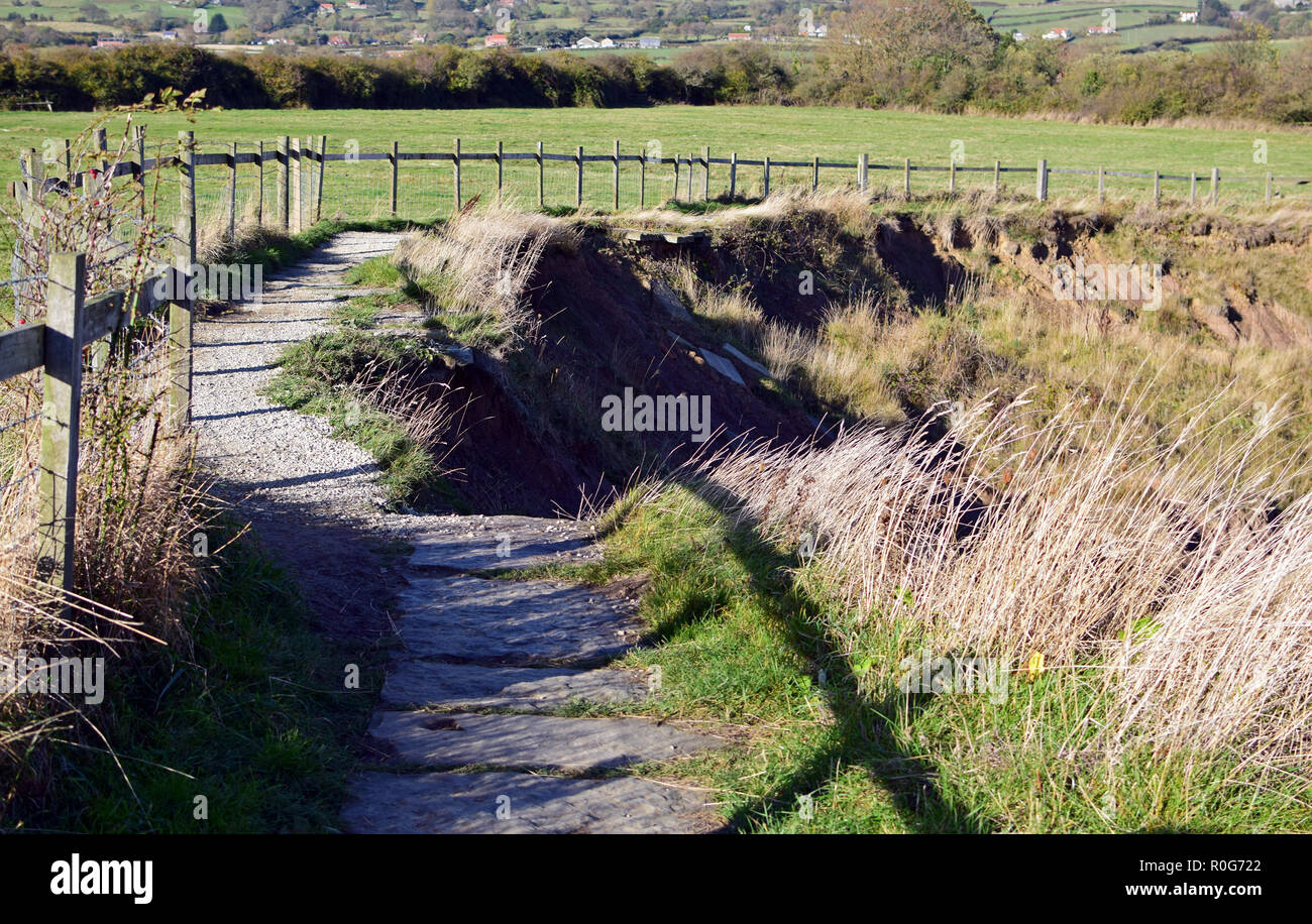 Coastal path erosion near Robin Hoods Bay, North Yorkshire Stock Photo ...