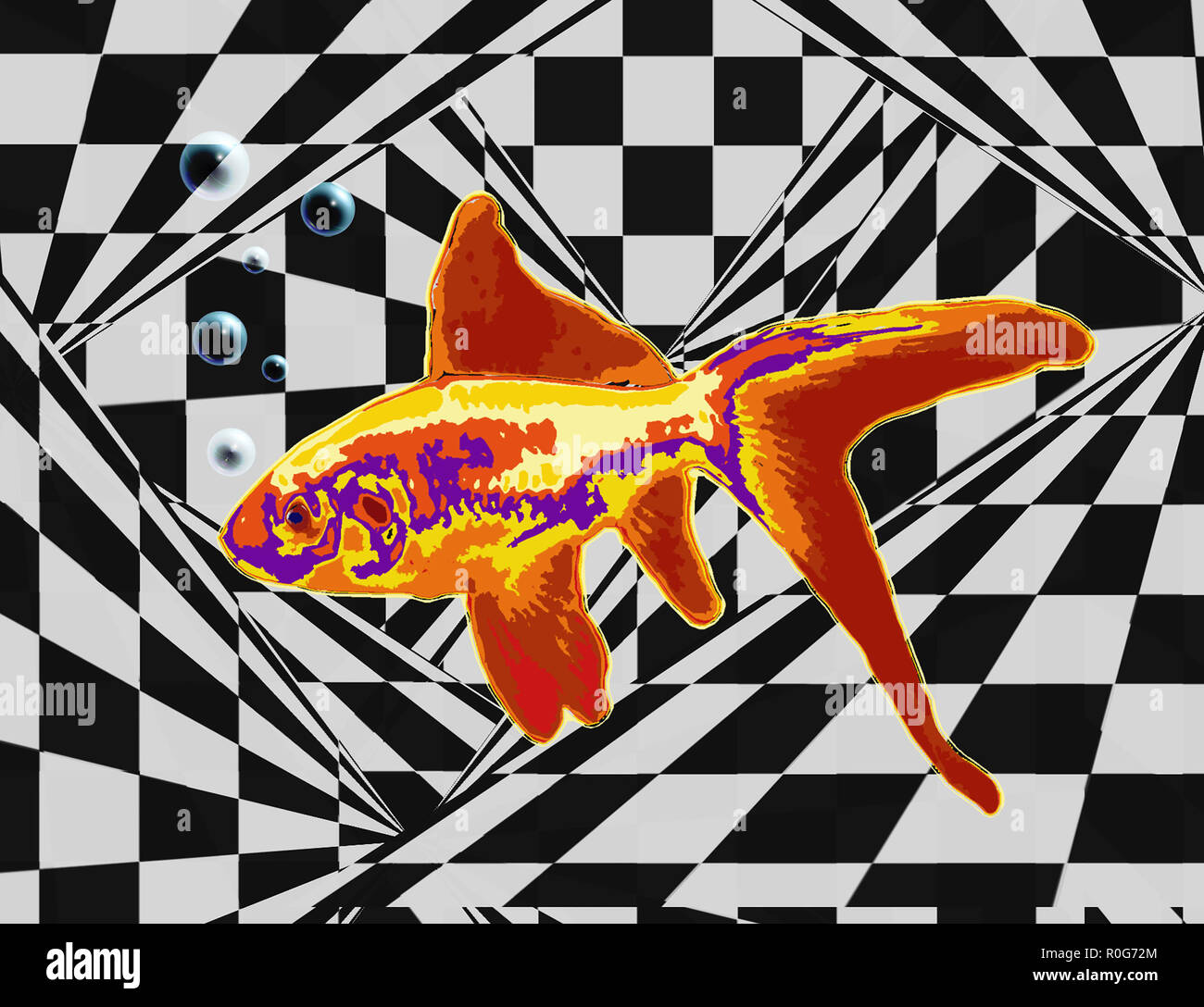 Surrealism. Golden fish in checkered space Stock Photo - Alamy