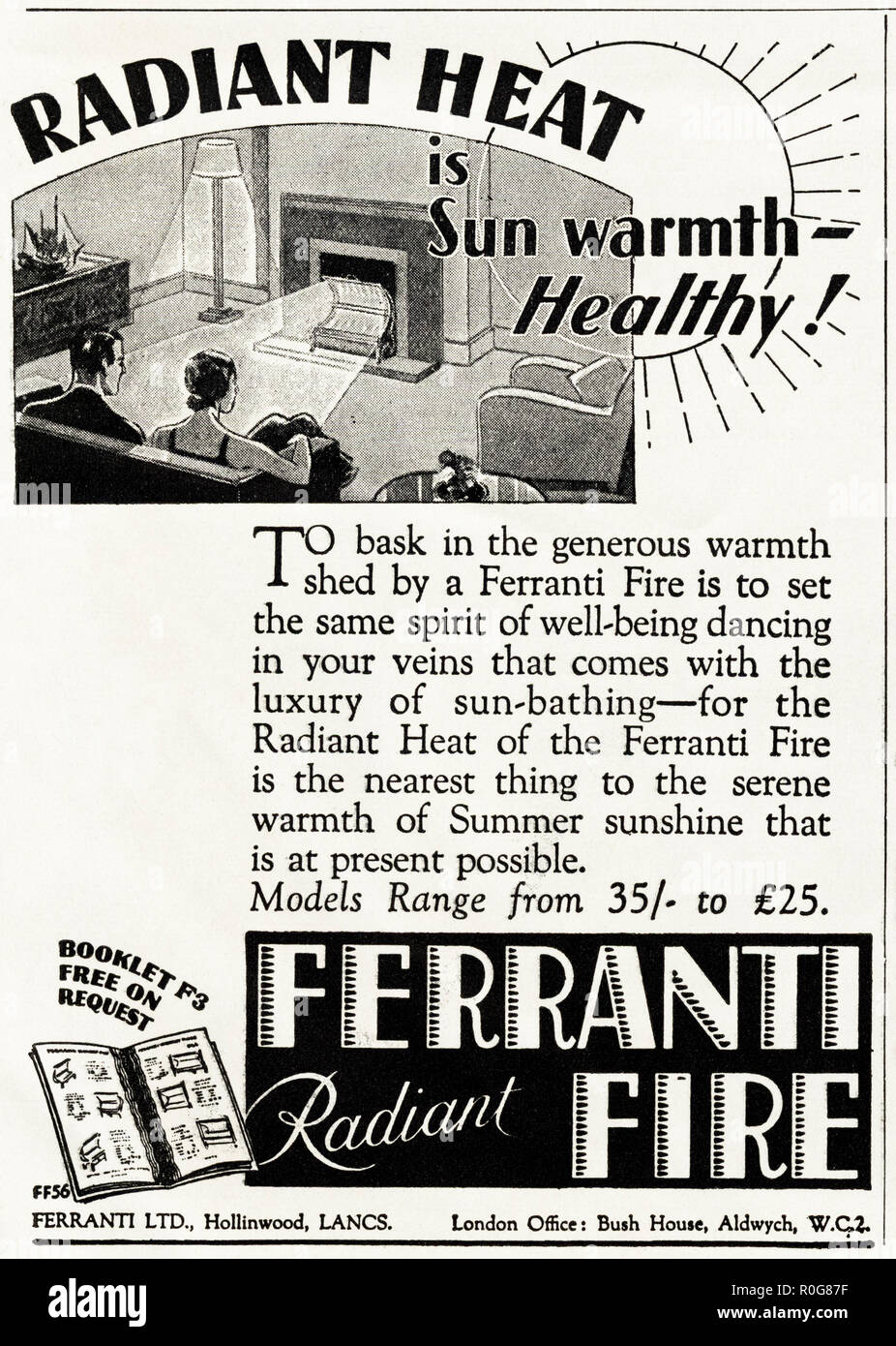 1930s old vintage original advert advertising Ferranti Radiant Fire for ...