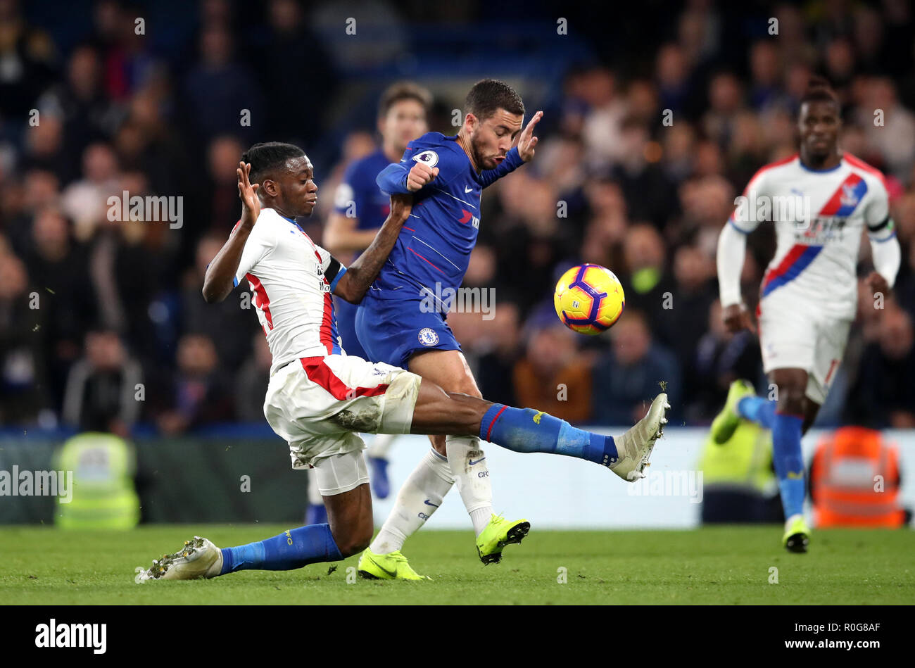 Chelsea's Eden Hazard (centre) and Crystal Palace's Aaron Wan-Bissaka ...