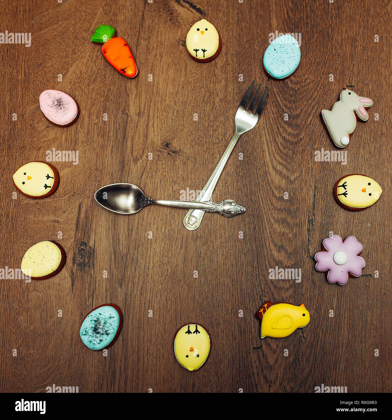 Easter homemade gingerbread cookie clock face background Stock Photo ...