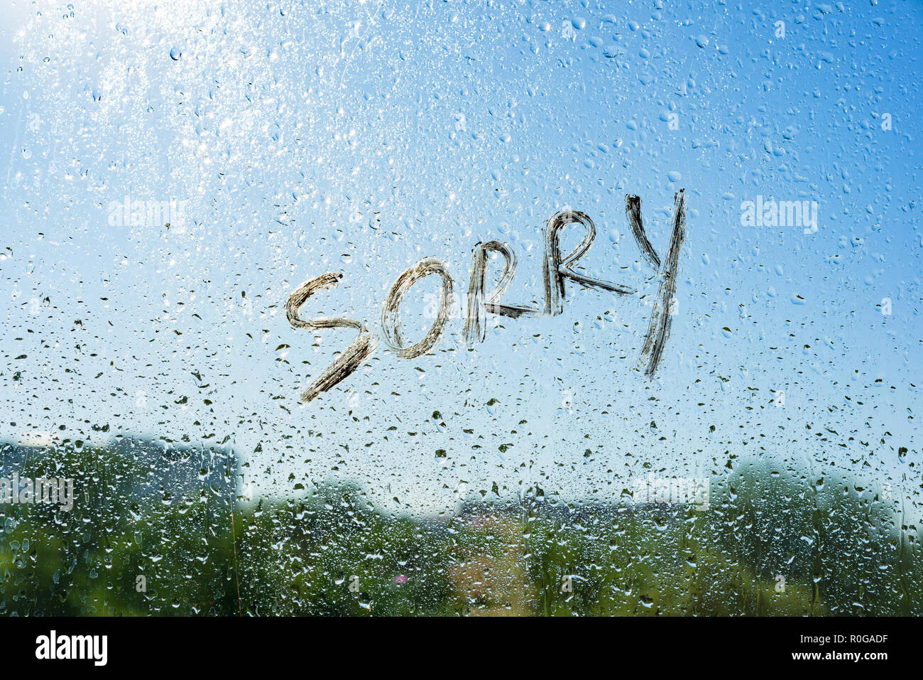 Word sorry on the window with raindrops. Background drop of water on ...