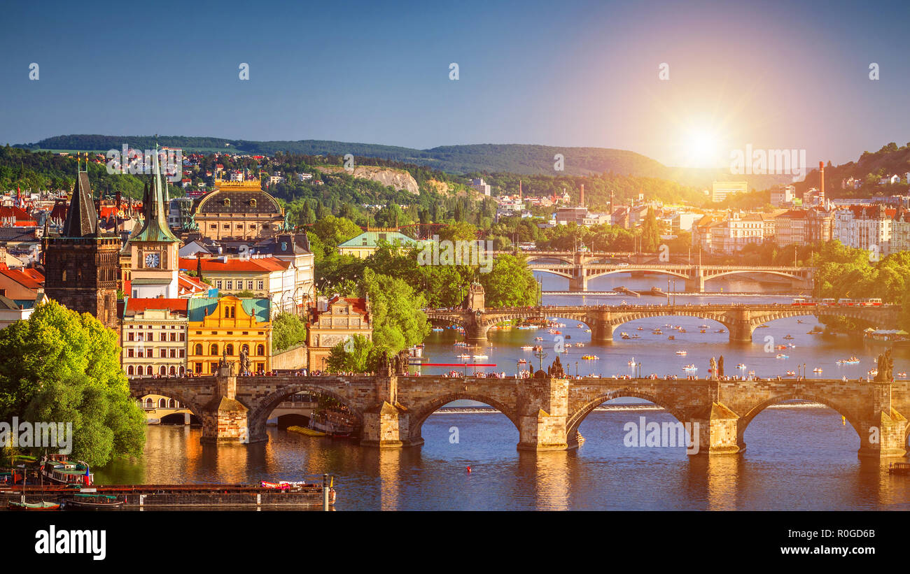 Prague Scenic spring sunset aerial view of the Old Town pier ...