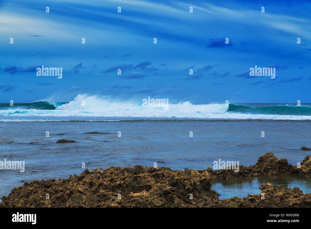 Beautiful sea landscape on the background of dramatic cloudy sky and ...