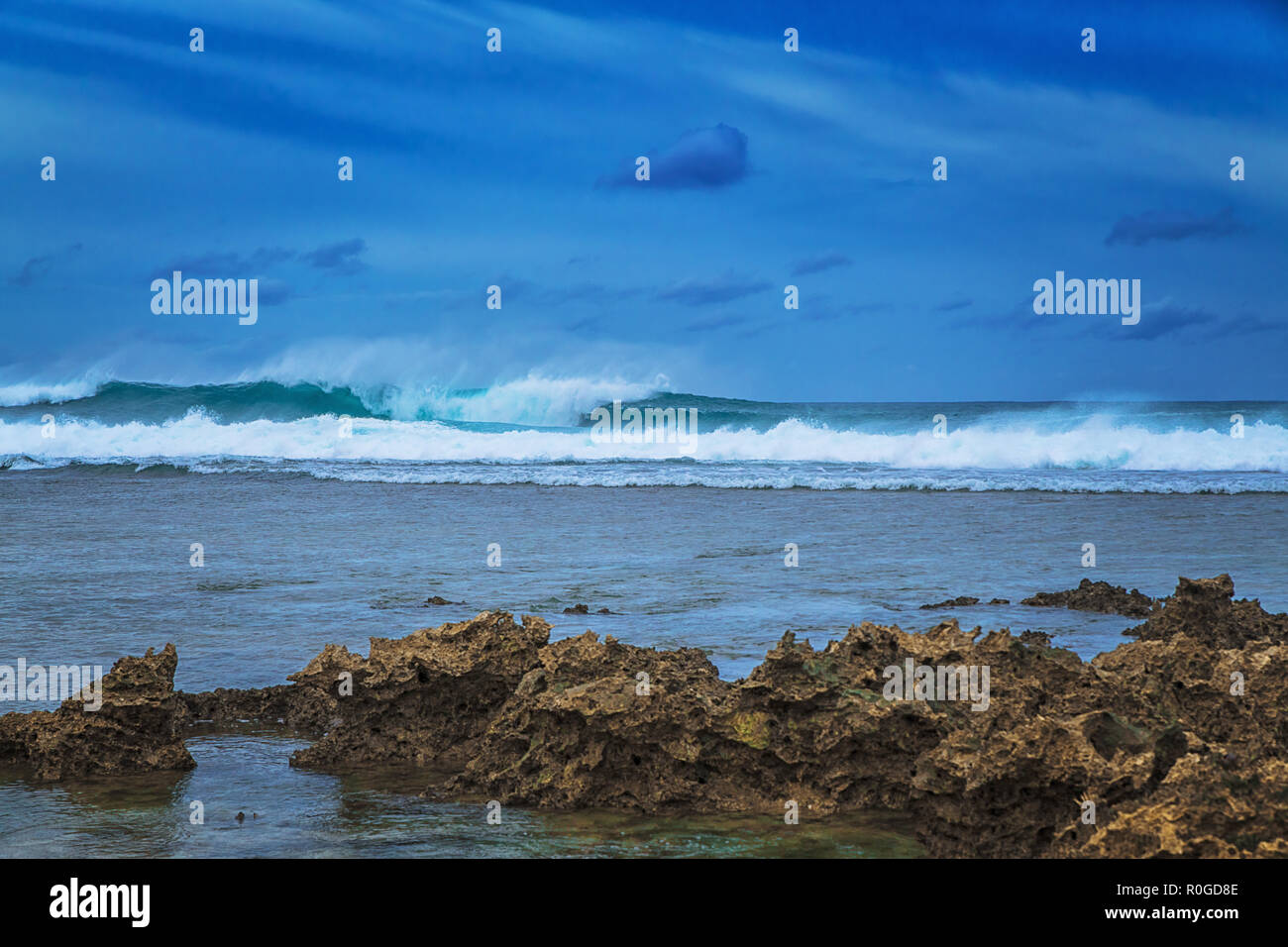 Beautiful sea landscape on the background of dramatic cloudy sky and ...