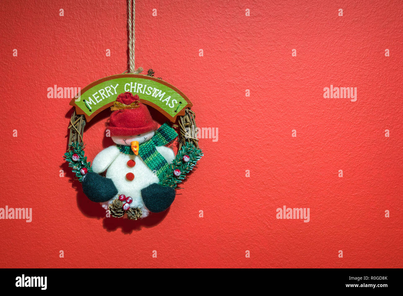 Christmas with hanging decorations on red background. Christmas red ...