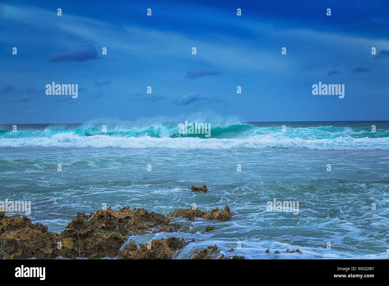 Beautiful sea landscape on the background of dramatic cloudy sky and ...