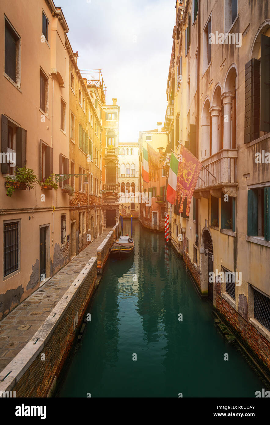 View of the street canal in Venice, Italy. Colorful facades of old ...