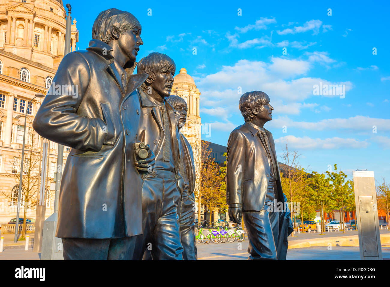 Liverpool, UK - May 17 2018: Bronze statue of the Beatles stands at the ...