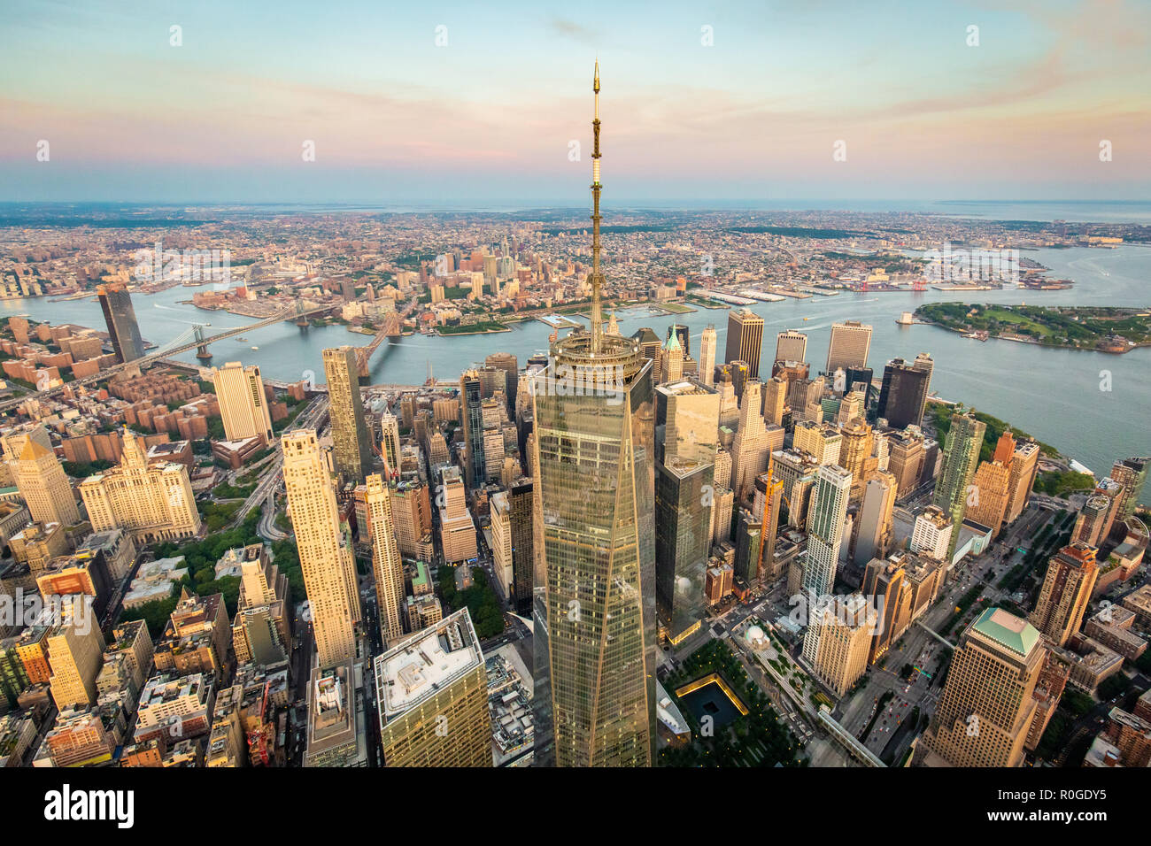 Lower Manhattan and Financial District skyline aerial view, New York ...