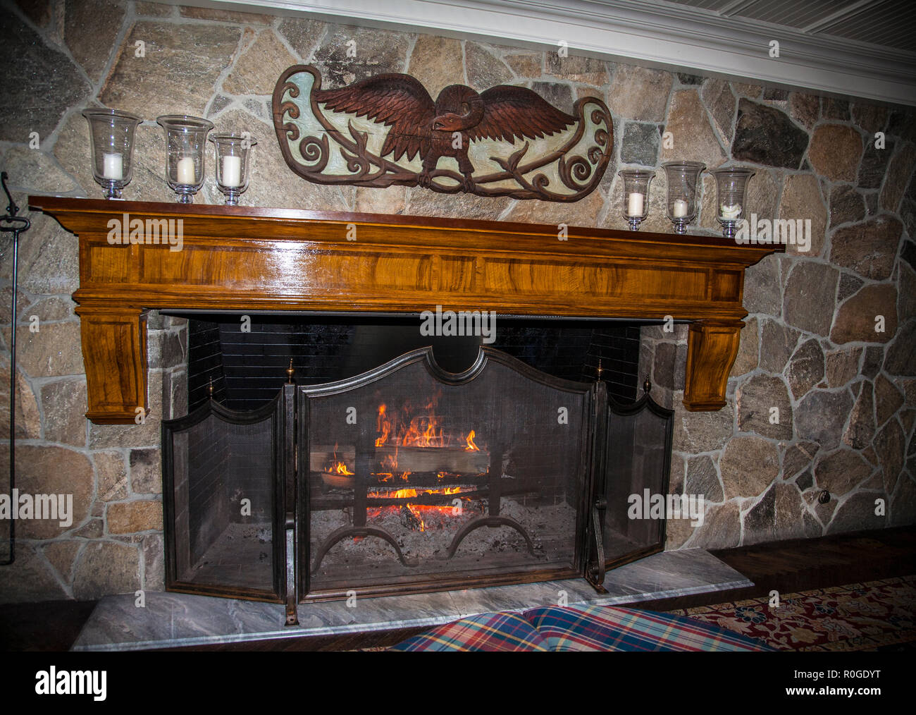 Cozy Fireplace at the Woodstock Inn, Woodstock, Vermont winter, Vt, USA ...