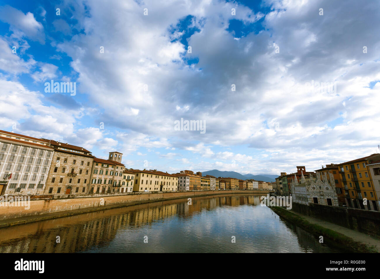 Pisa view. Buildings along Arno river. Italian landmark, Tuscany Stock ...