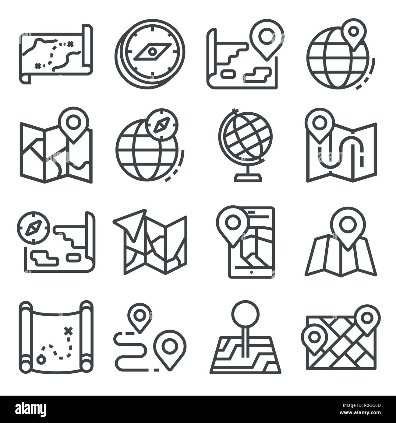 Vector line Map and Geo-location icons set on white background Stock ...