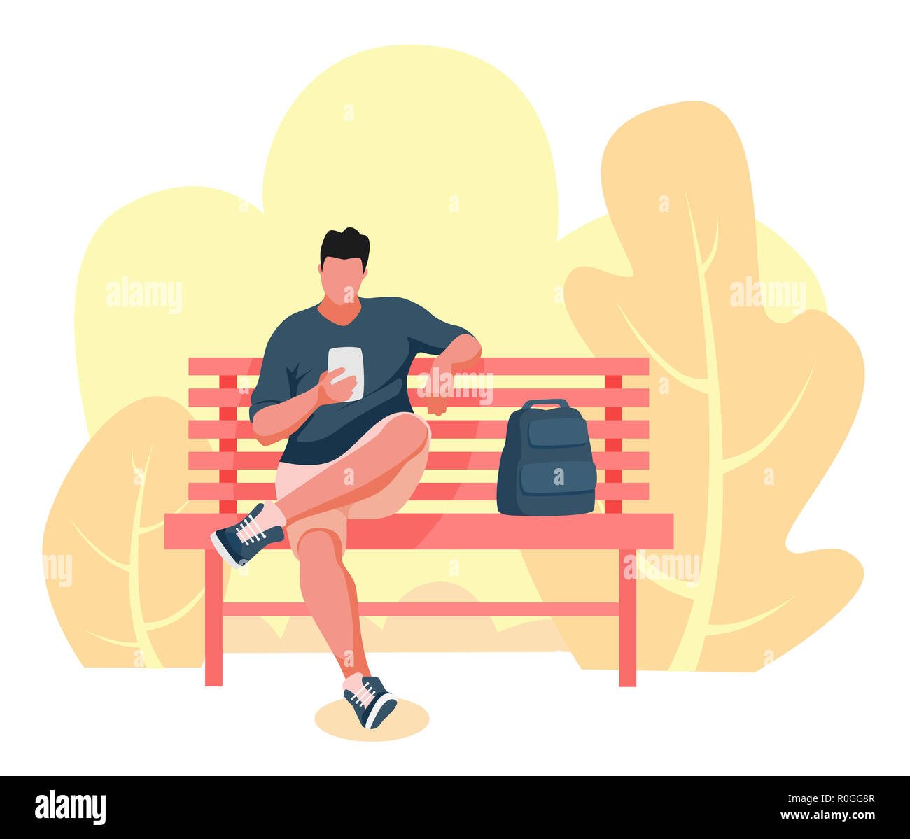 Man sitting on bench. Guy uses mobile phone. Park bench Illustration ...