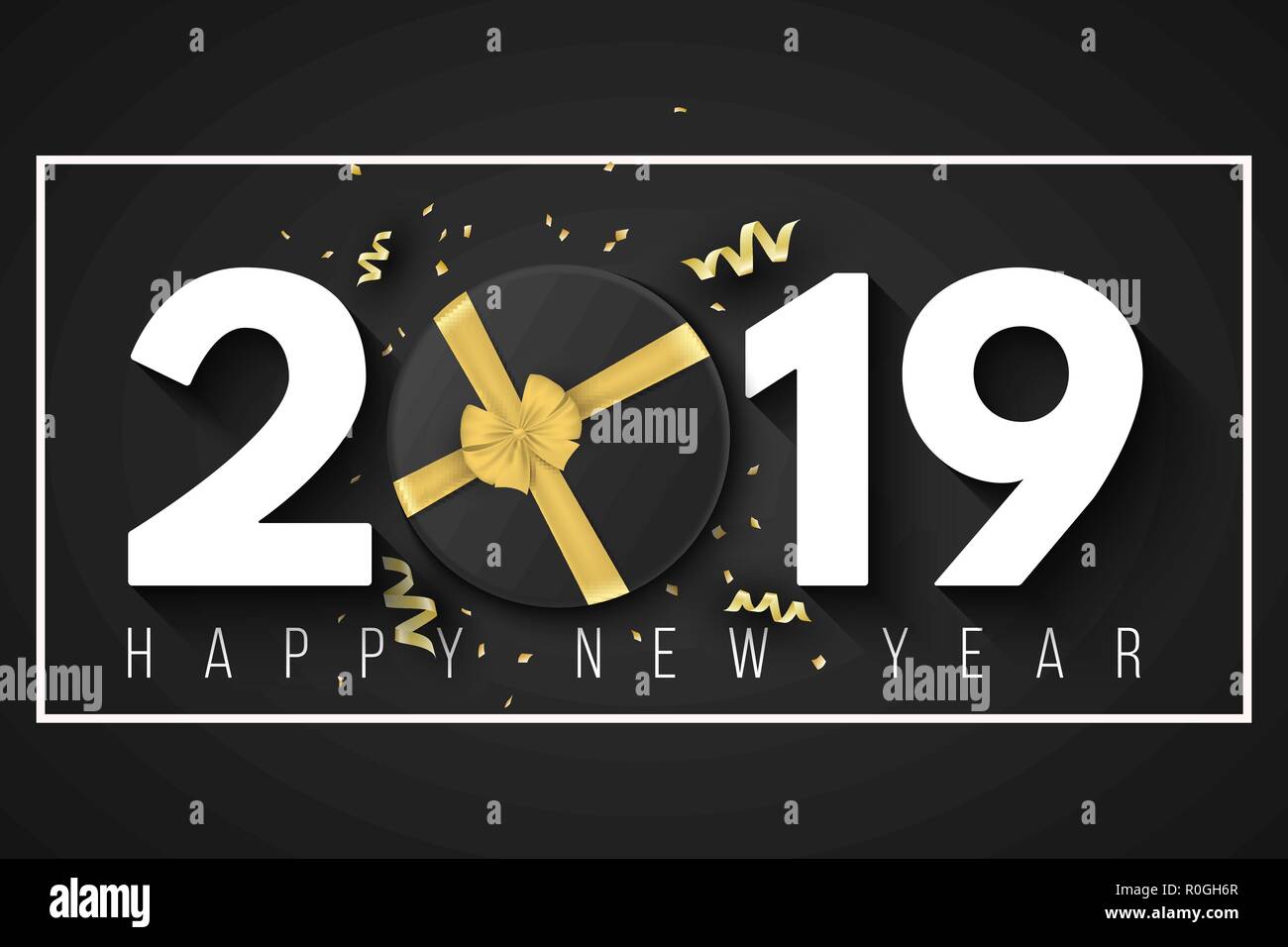 Happy New Year 2019 banner. Black gift box with a gold ribbon and a bow ...