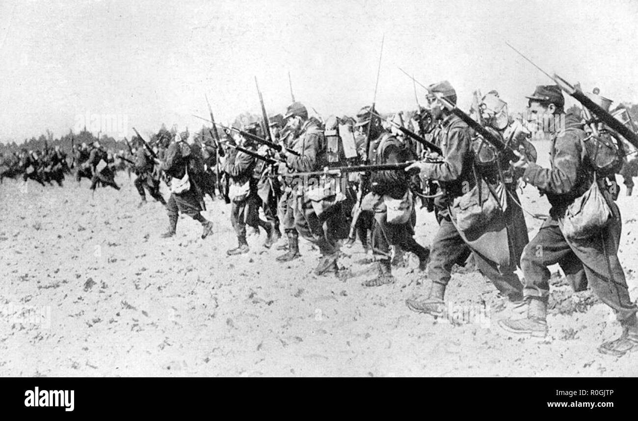 French infantry line performing a bayonet charge in the early stages of ...