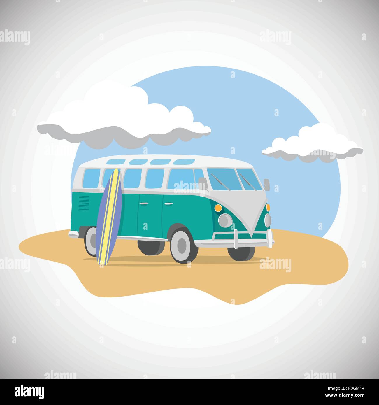 Journey on van with surfboard on the beach flat illustration Stock ...