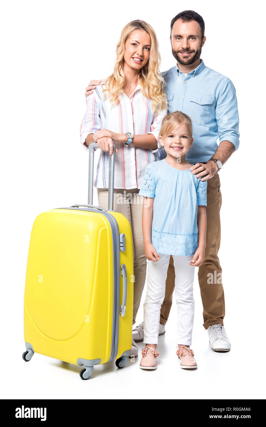happy family with yellow baggage isolated on white Stock Photo - Alamy