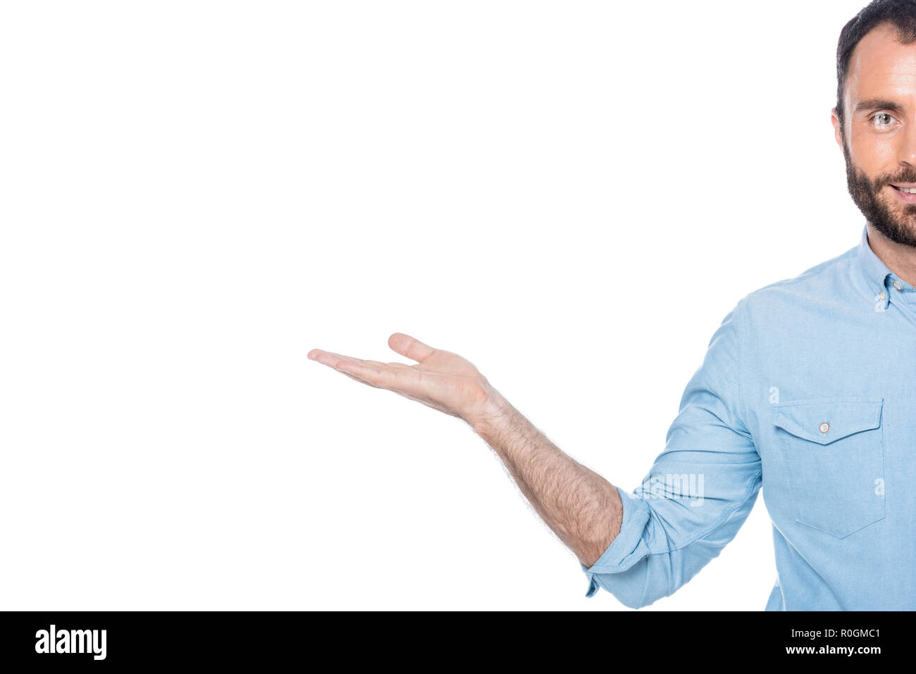 smiling man presenting something isolated on white Stock Photo - Alamy