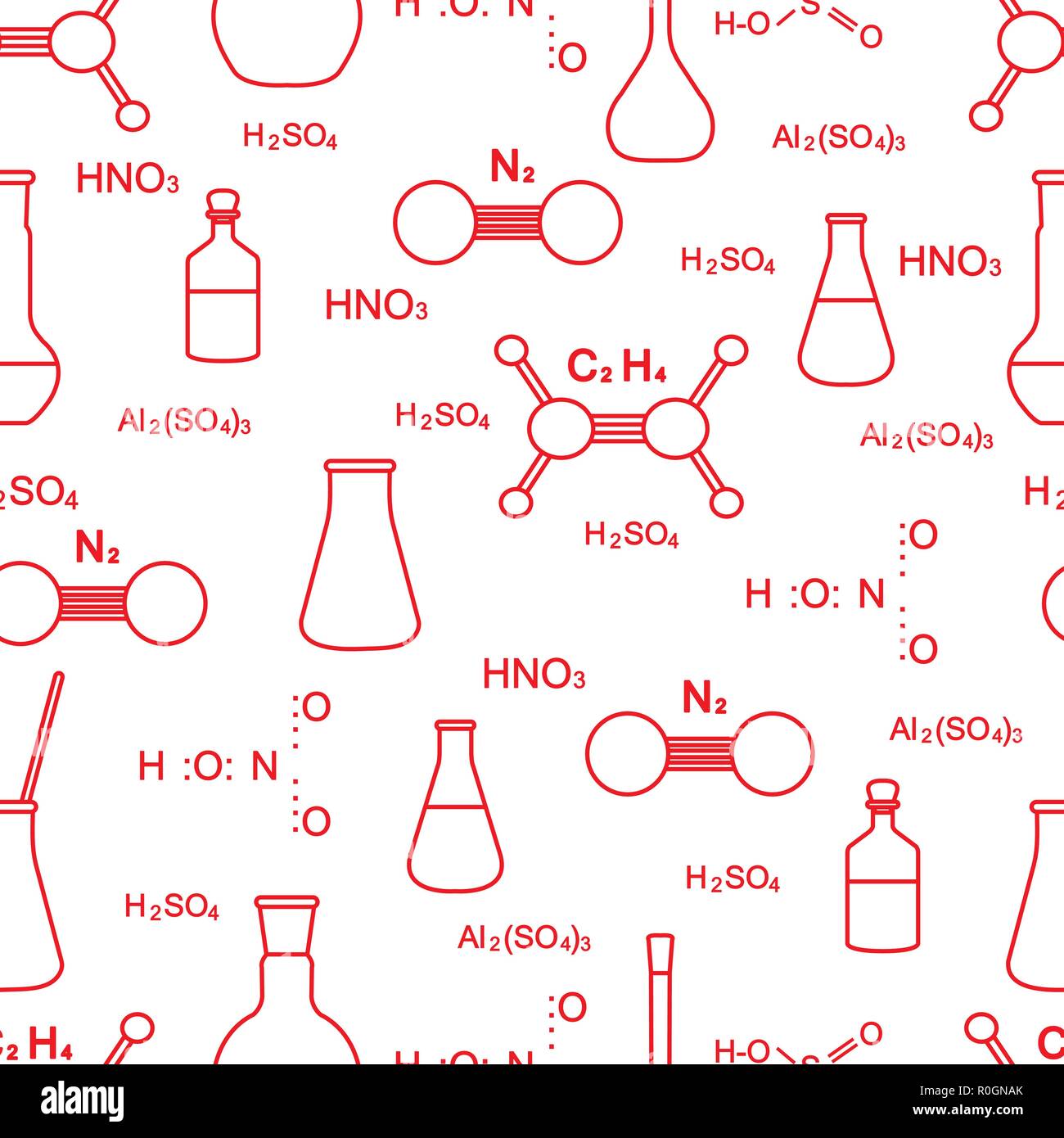 Scientific vector seamless pattern with flasks, beakers, molecule ...