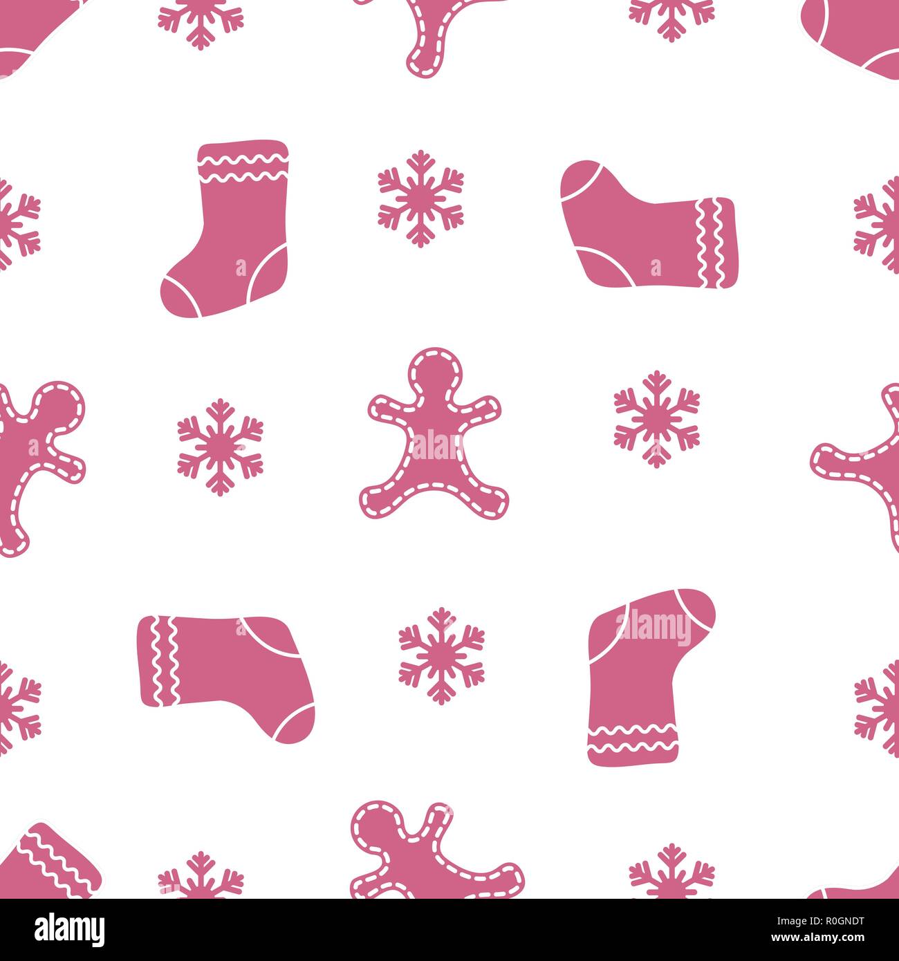 Seamless pattern with gingerbread man, christmas socks, snowflakes ...
