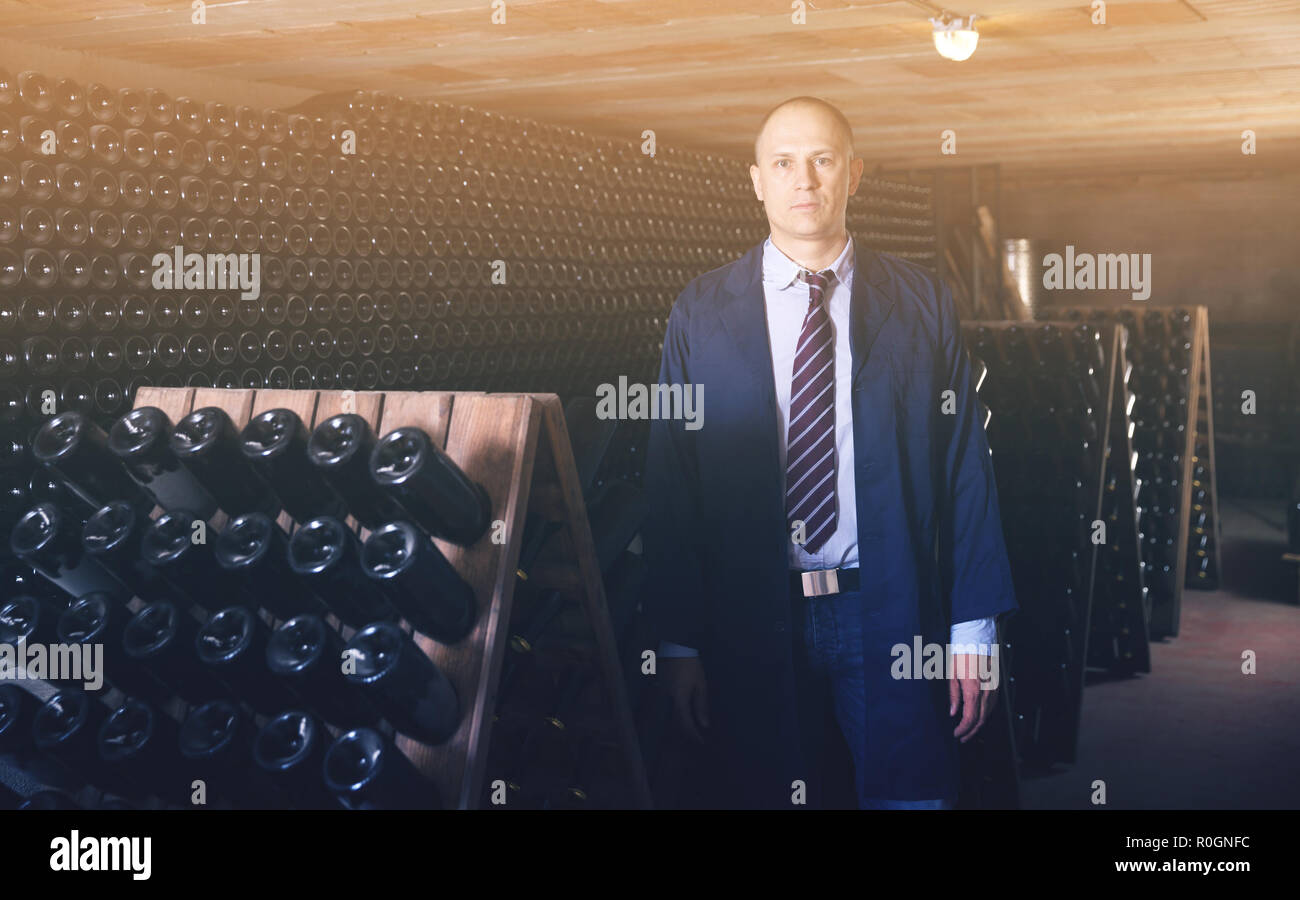 Portrait of professional male winemaker standing in wine cellar Stock ...