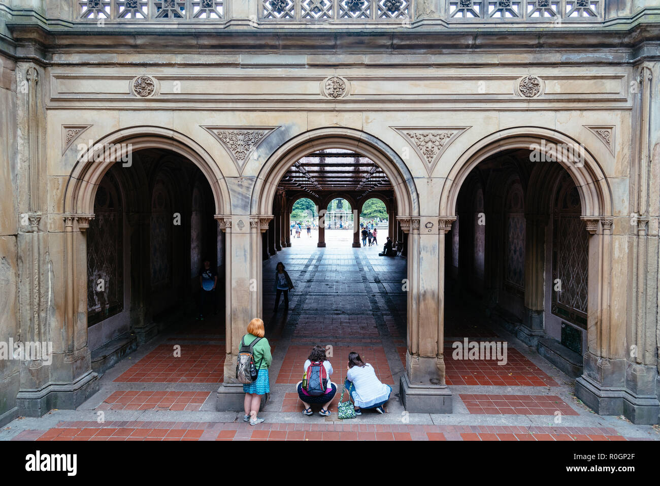 New York City, USA - June 23, 2018: Minton Tiles at Bethesda Arcade in Central Park a cloudy day ...
