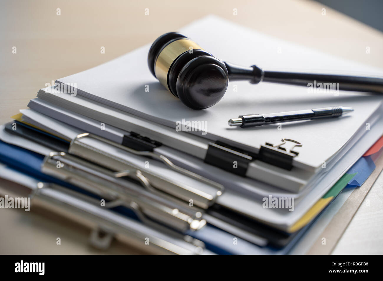 Judge hammer and business report papers, important documents Stock ...
