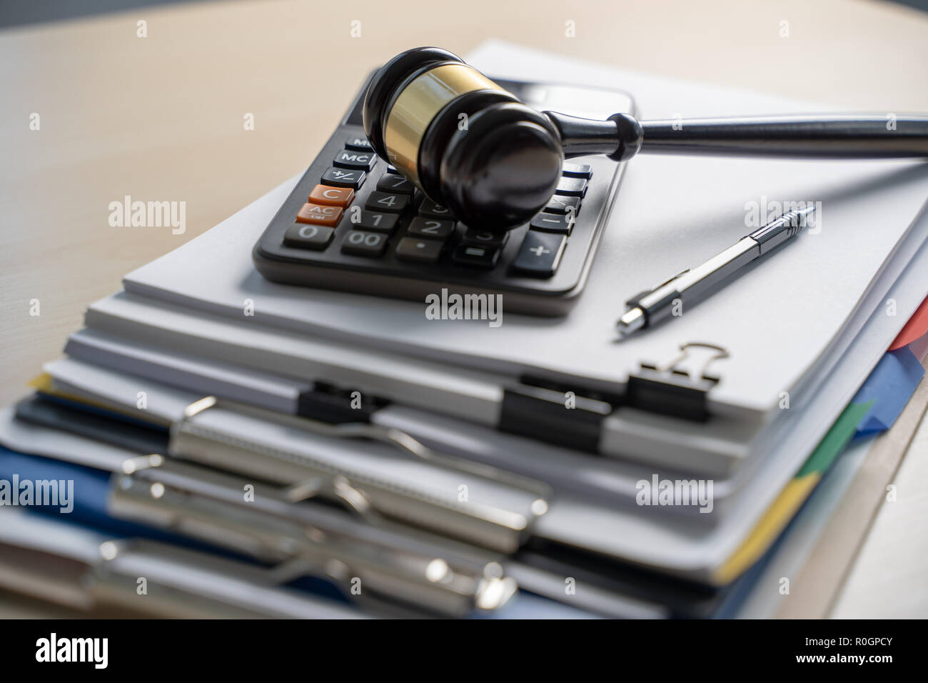 Judge hammer and business report papers, important documents Stock ...