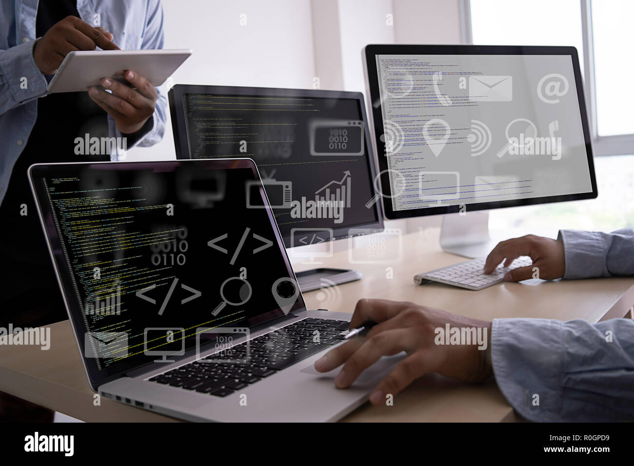man work Coding software developer programmer is coding on a desktop ...