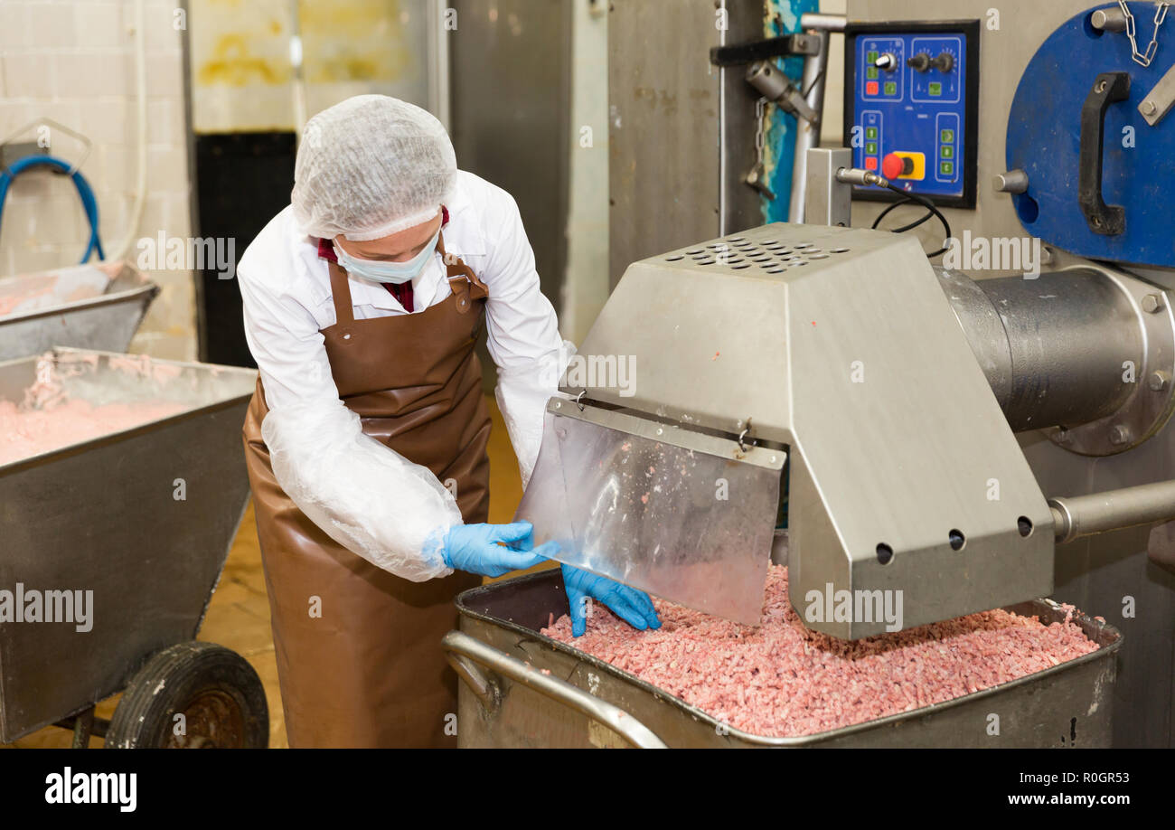 Woman checking grinding of raw meat on professional mincing machine at ...