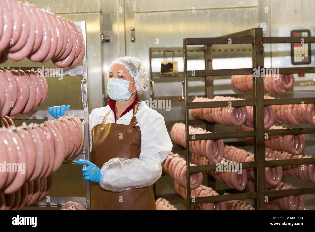 Female worker carrying raw sausages on racks in storage room at meat ...