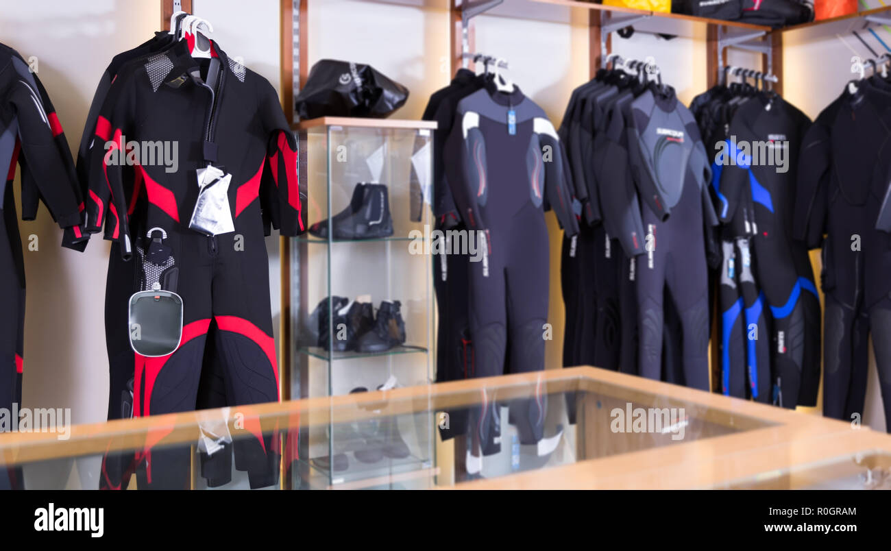 Picture of the underwater costumes for diving in the sport store Stock ...